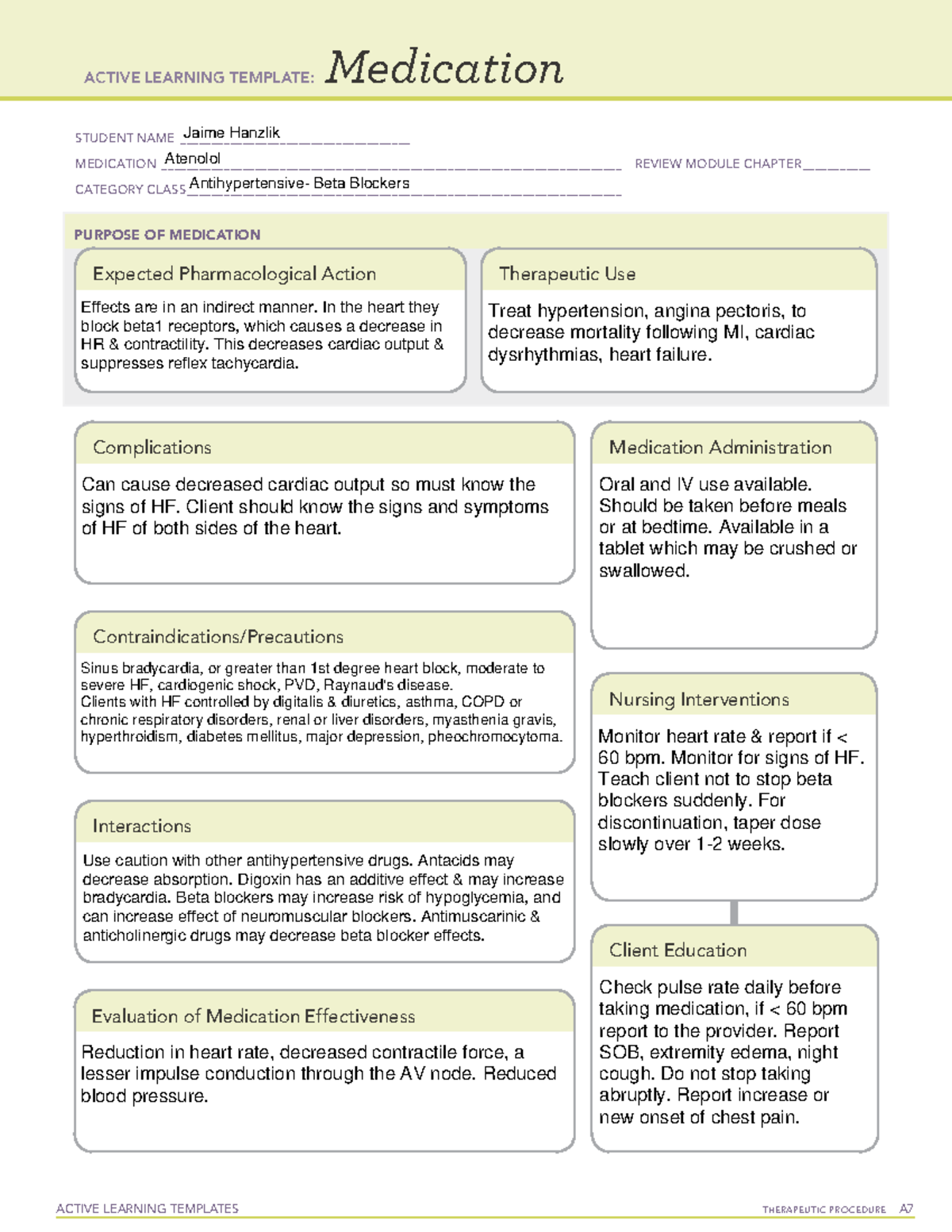 ATI Medication Template: Atenolol - Active Learning Guide - Studocu