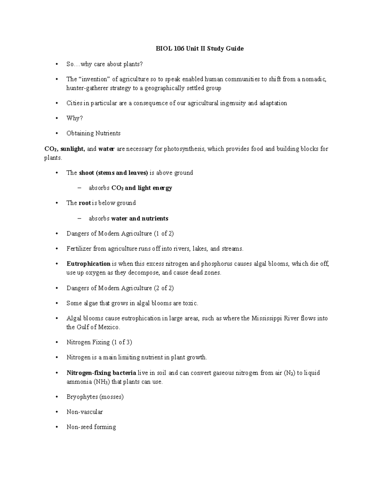 BIOL 106 Unit II Study Guide: Plant Structure, Growth & Adaptations ...