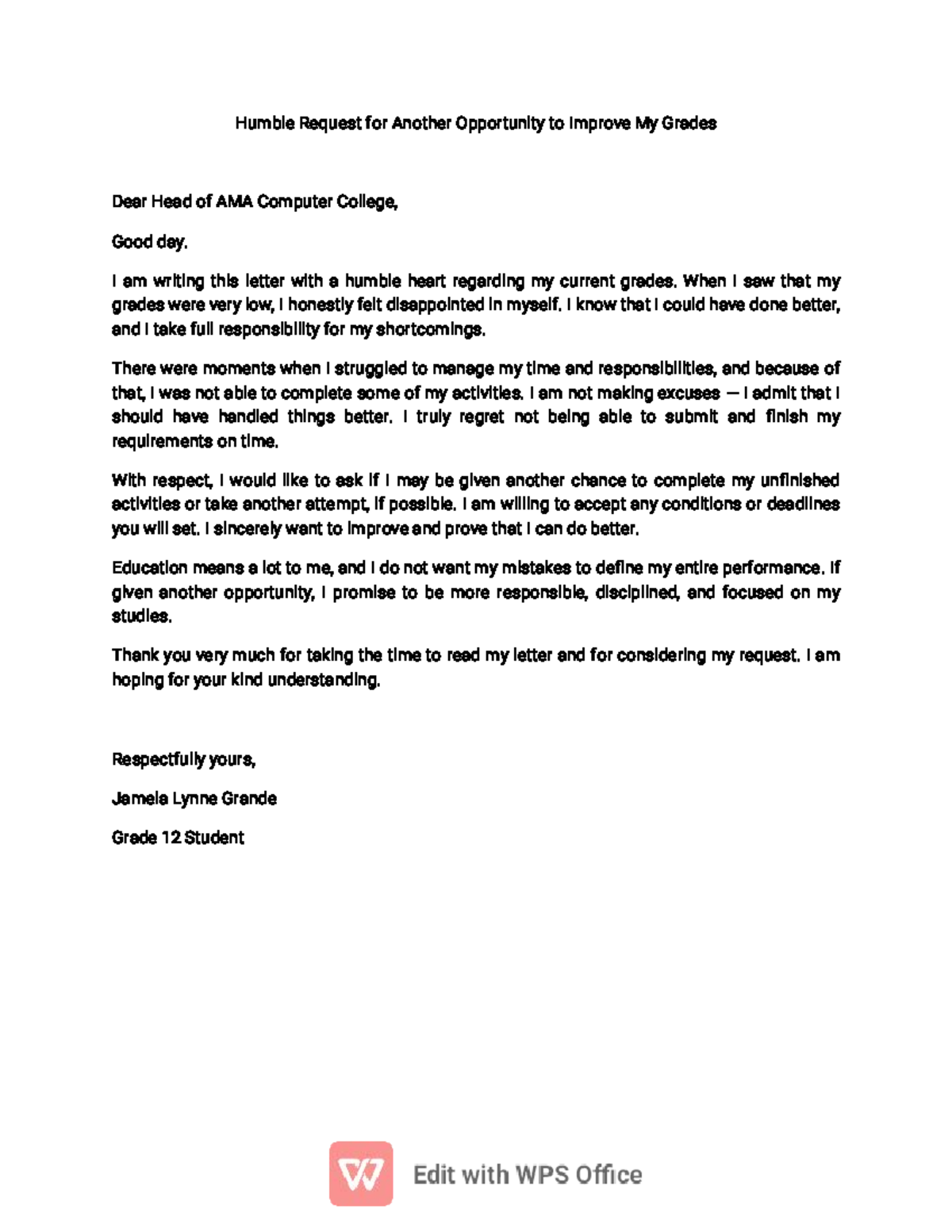 Grade 12 Request for Grade Improvement Opportunity - Studocu