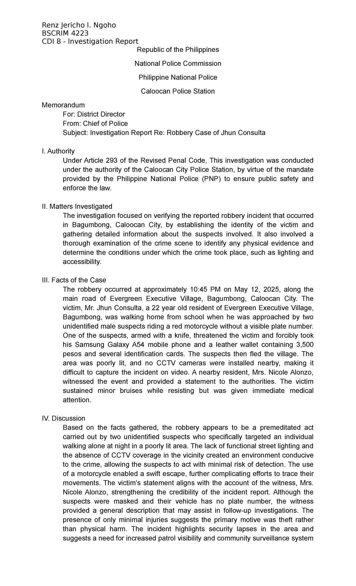 Investigation Report on Robbery Case - BSCRIM 4223 CDI 8 - Studocu