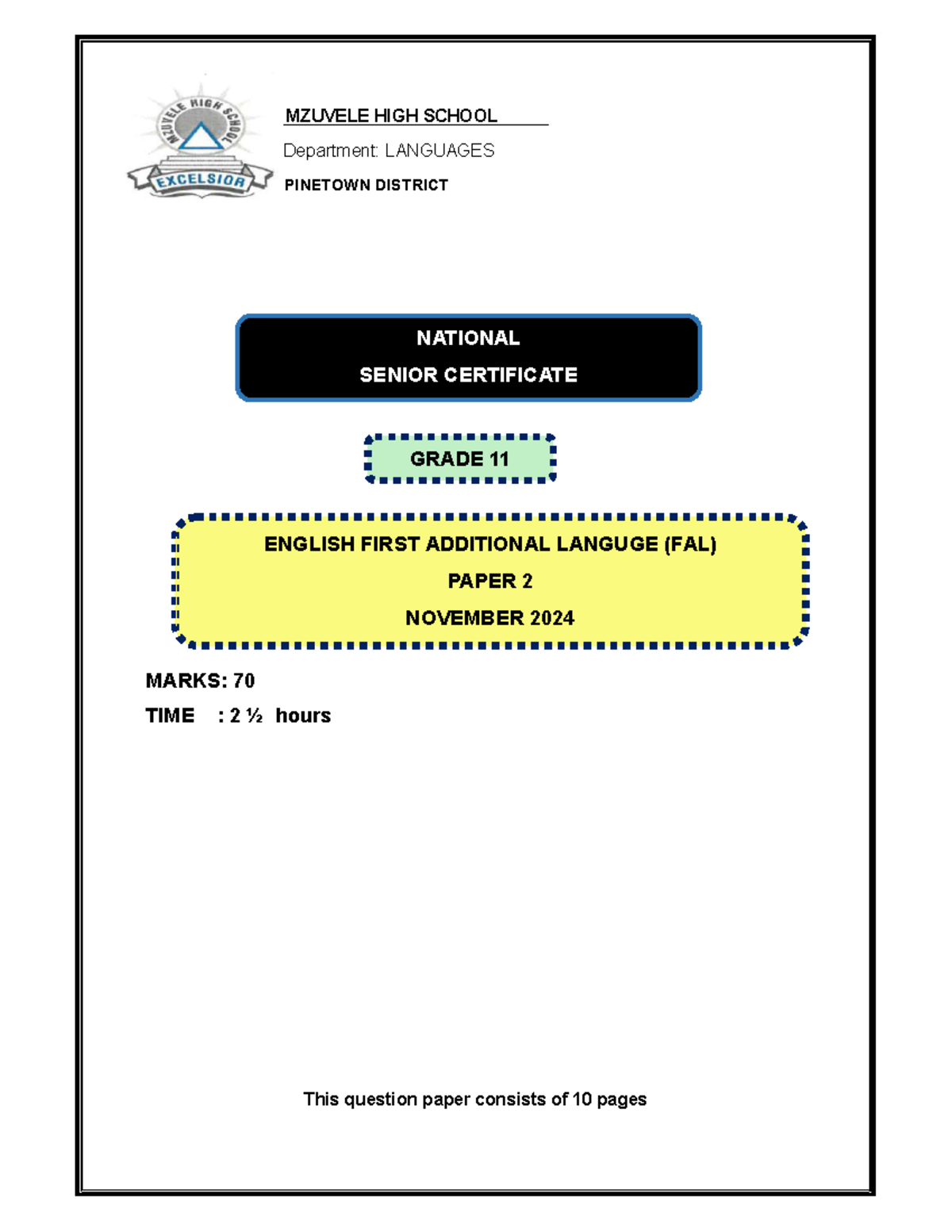 Grade 11 Eng FAL Nov 2024 Exam Paper 2: Comprehensive Guide - Studocu