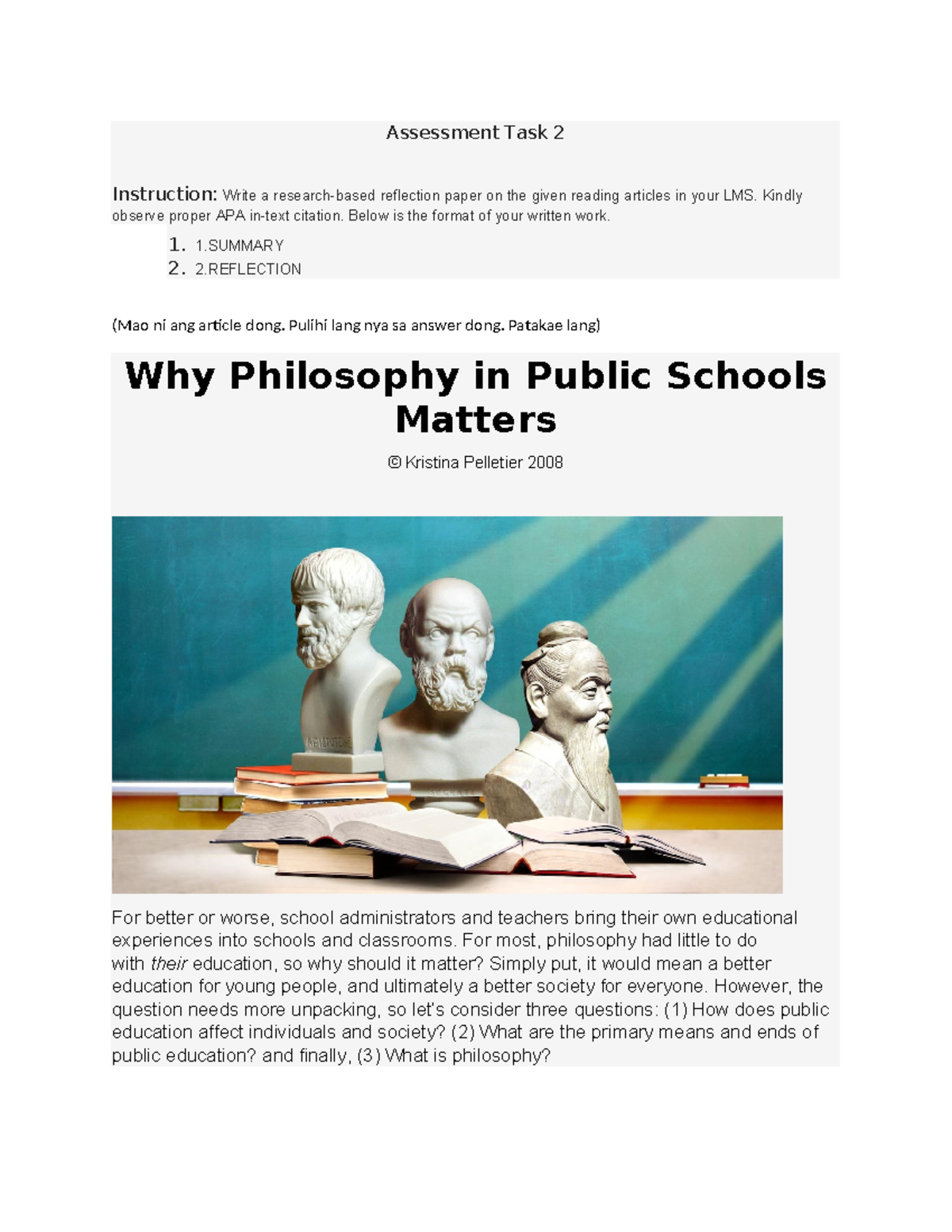 Reflection Paper on Philosophy in Public Schools (ENG 101) - Studocu