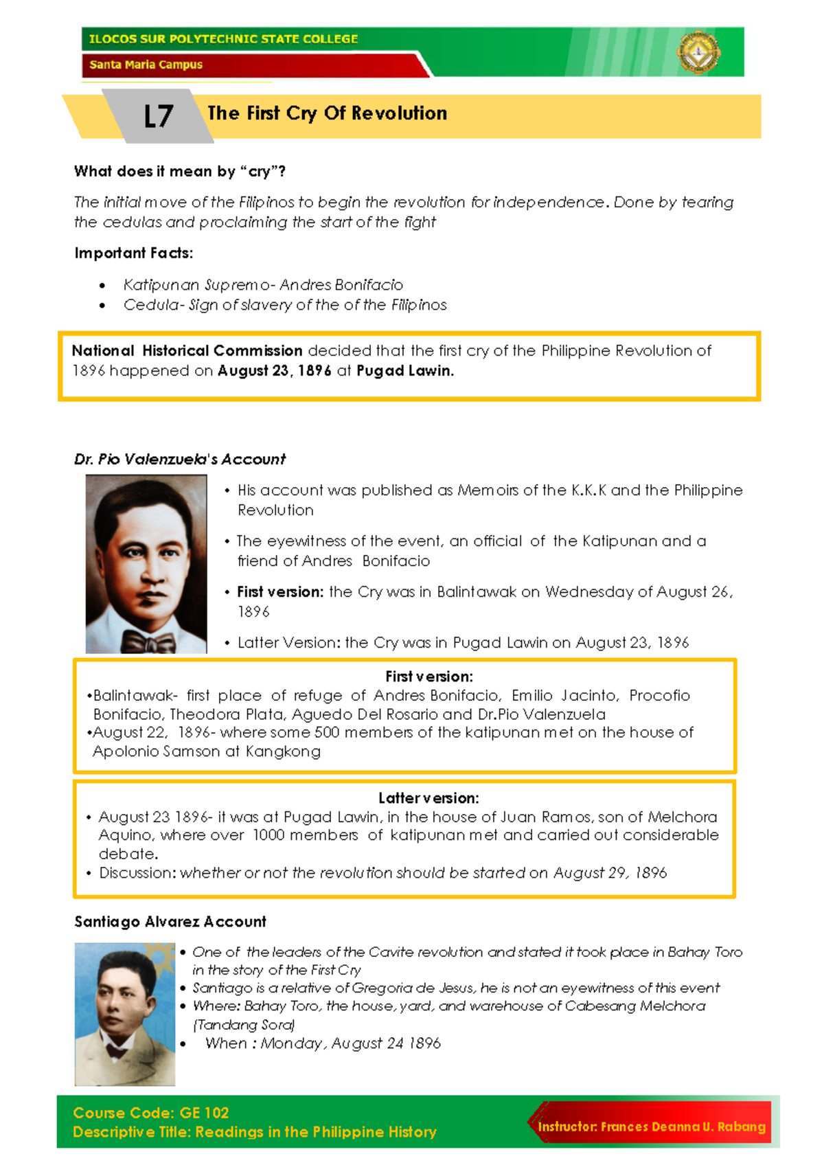 L7: The First Cry of Revolution - Key Events & Accounts (GE 102) - Studocu