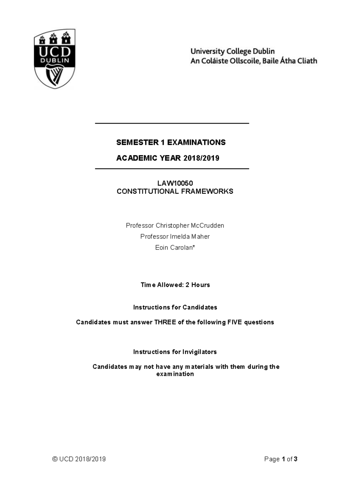UCD LAW 2018/19 Final Exam: Constitutional Frameworks Past Paper - Studocu