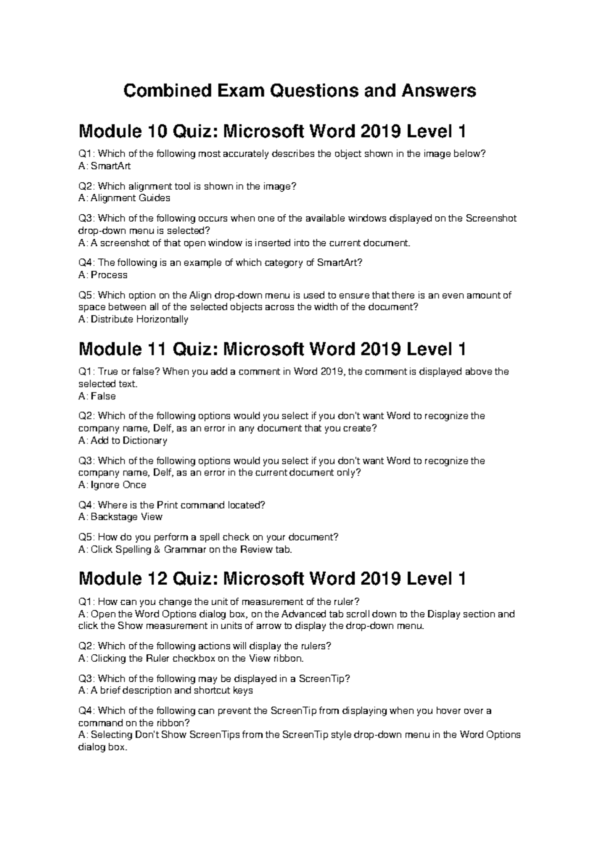 Microsoft Word 2019 Level 1 Combined Quiz Questions & Answers - Studocu