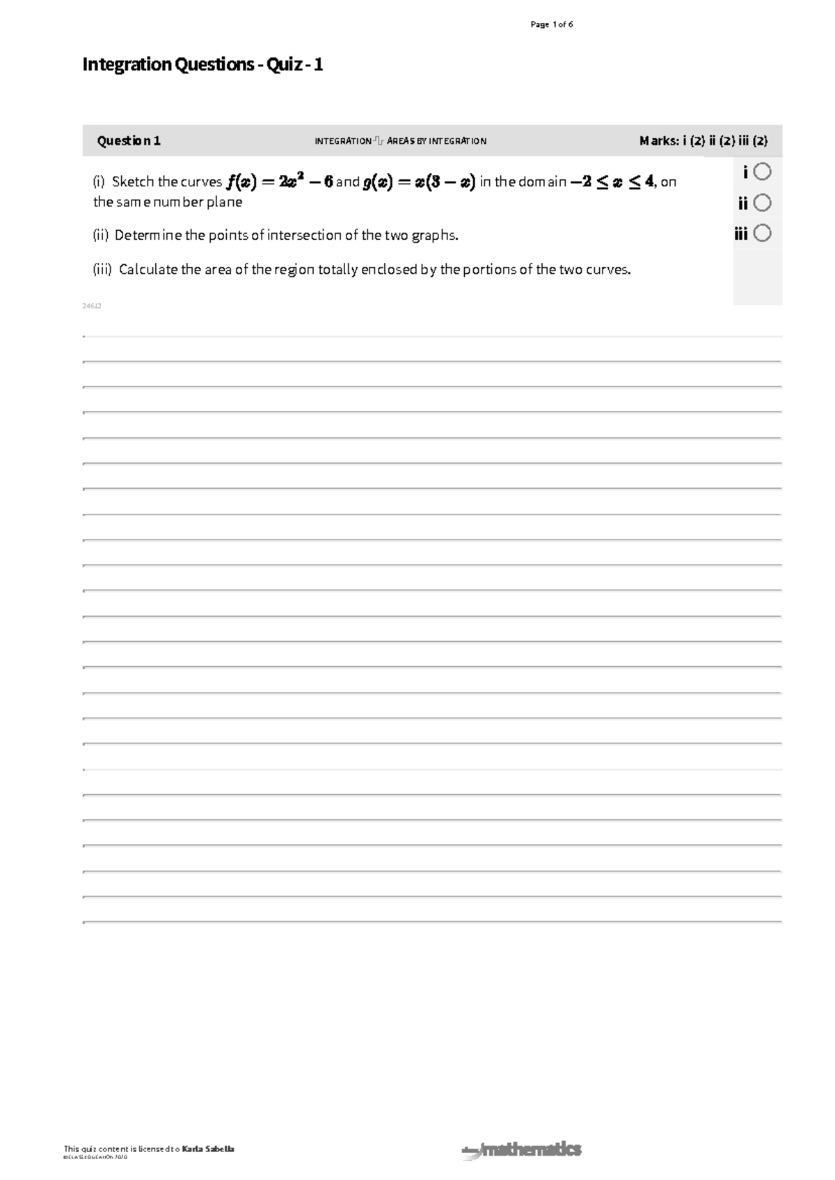 Integration Questions Quiz 1: Areas and Curves Analysis - Studocu