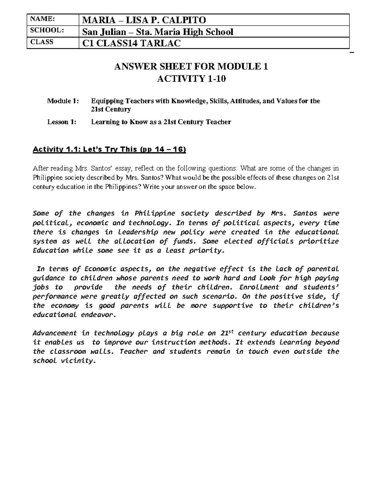 Activity 1-10 answersheet - ANSWER SHEET FOR MODULE 1 ACTIVITY 1 ...