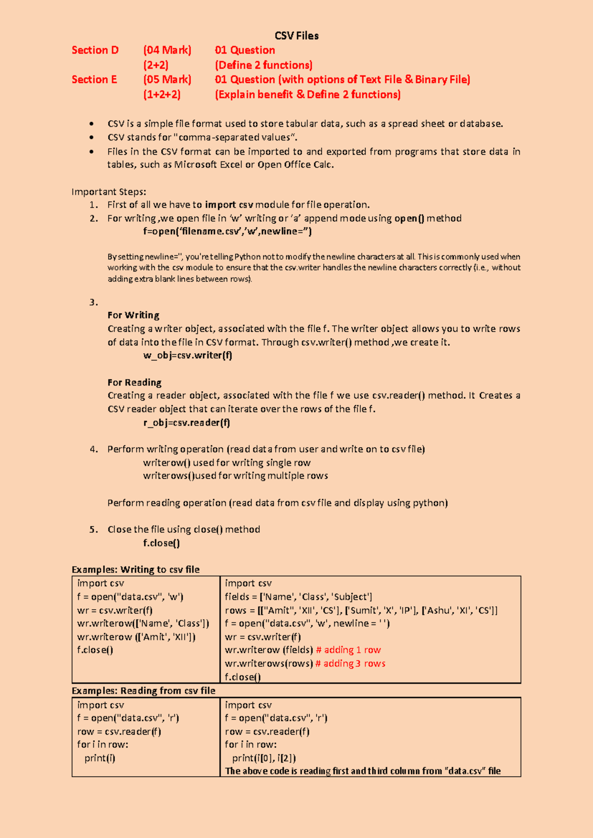 XII CS Unit 1 CSV Functions and Operations Notes - Studocu