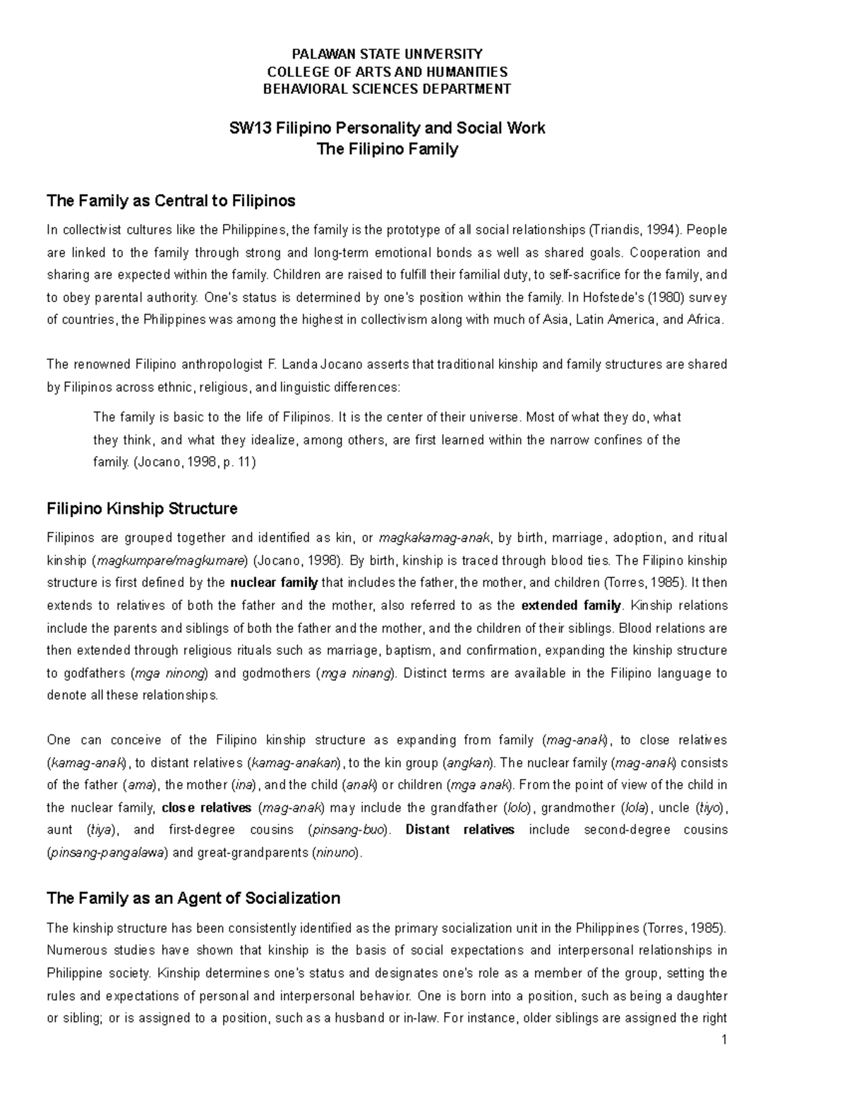 SW13 - Filipino Family Dynamics and Socialization Studies - 2024 - Studocu