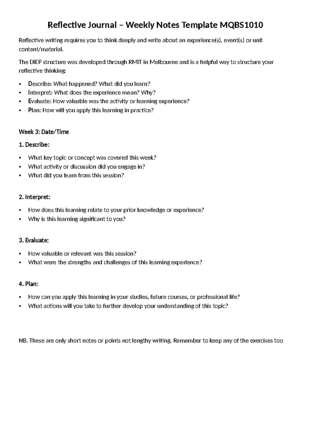 Reflective Journal Weekly Notes Template MQBS1010 - Week 3 - Studocu