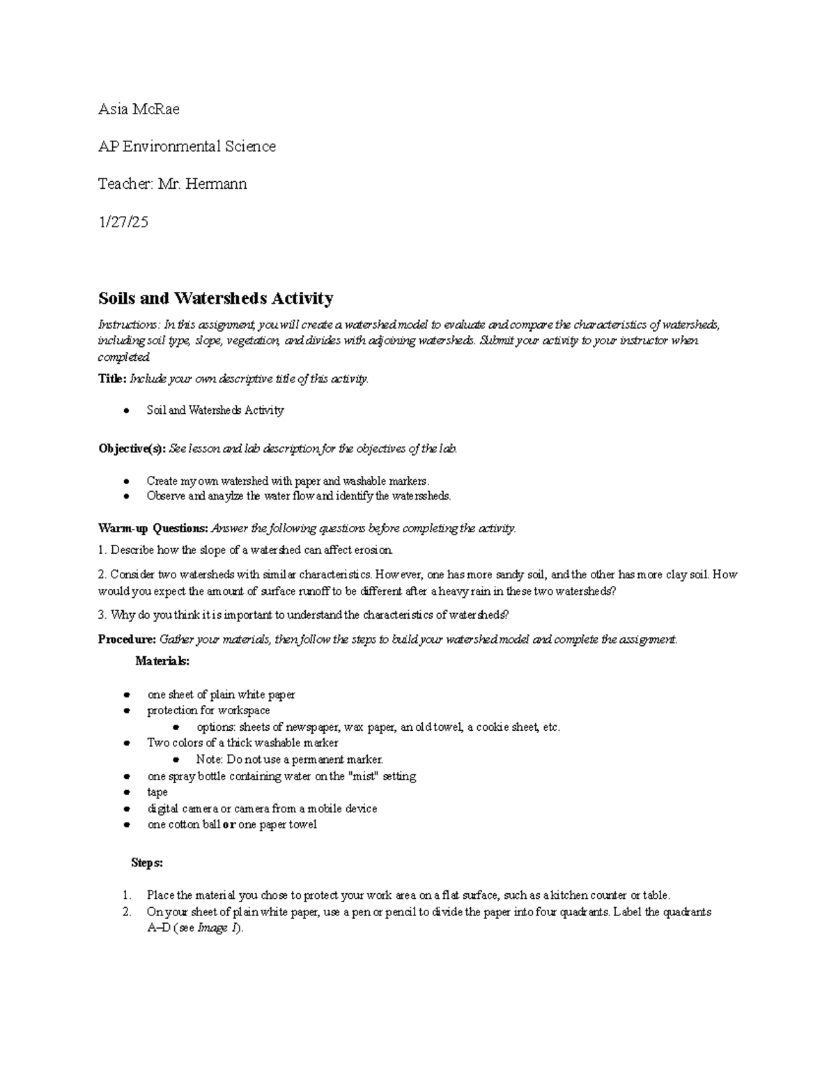 AP Environmental Science - 3.02 Soils and Watersheds Activity Guide ...