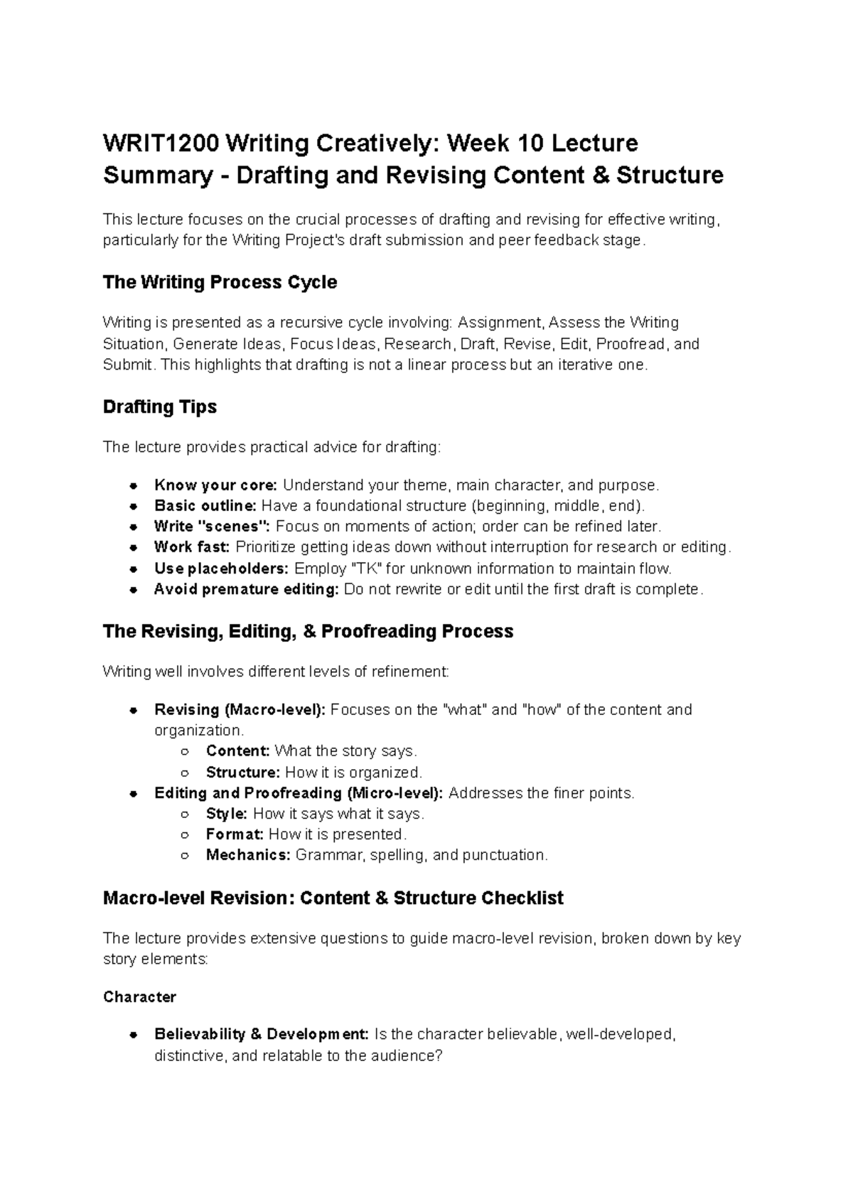 WRIT1200 Week 10 Lecture Summary: Drafting & Revising Writing Process ...