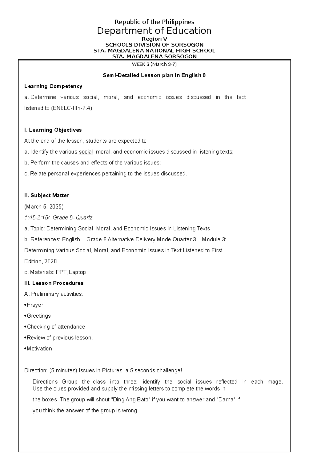Week 3 Lesson Plan: Social, Moral, & Economic Issues in English 8 - Studocu