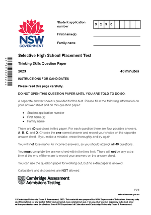 SHS 2023 Maths practice test questions - Student application number S 2 ...