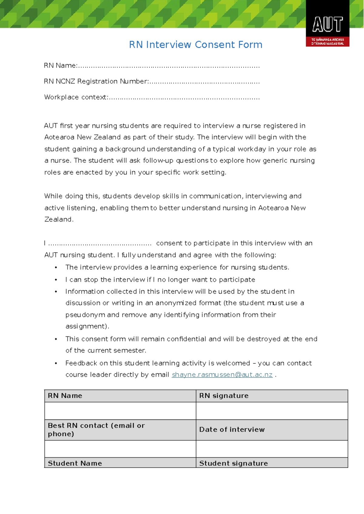 NURS503 S1 25: RN Interview Consent Form for Nursing Students - Studocu