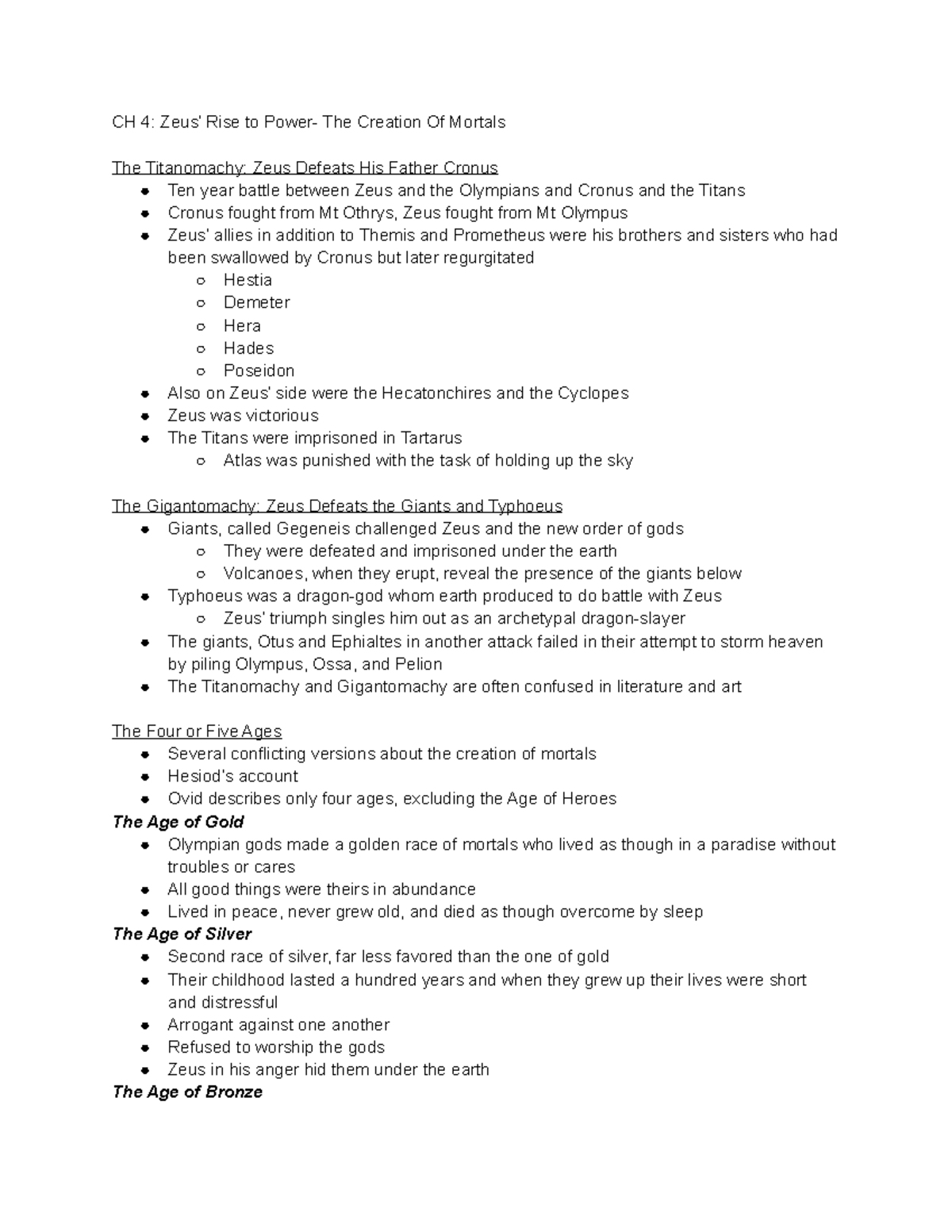 CH 4 Book Notes - Summary Classical Mythology - CH 4: Zeus’ Rise to ...