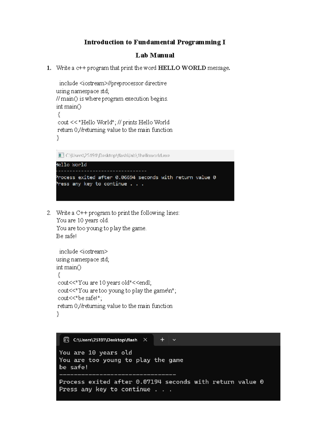Lab1 - Intro to Fundamental Programming I Lab Manual - Studocu
