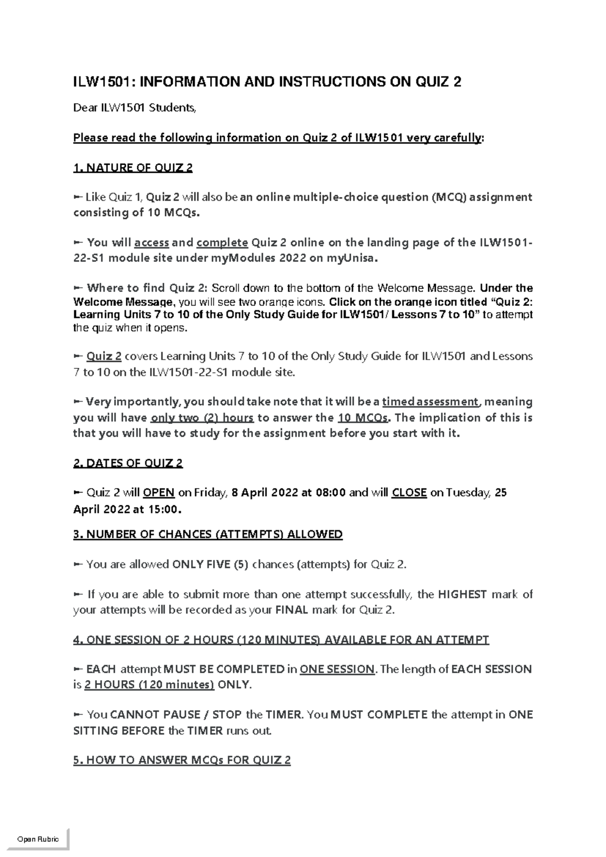 ILW1501 Information and Instructions on Quiz 2 07-04-2022 - ILW1501 ...