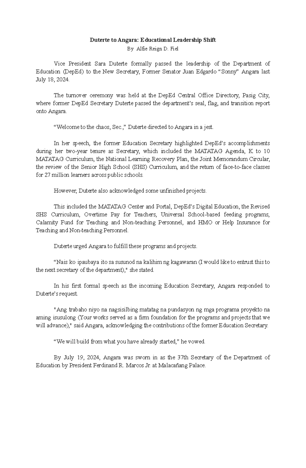 Duterte to Angara: Leadership Transition in DepEd (2024) - Studocu