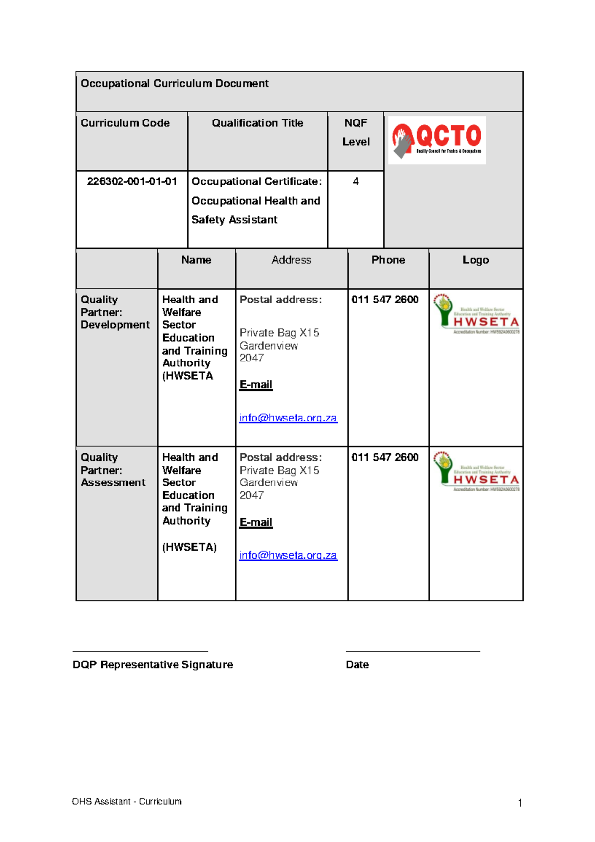 OHS Assistant Curriculum Document: Occupational Certificate NQF Level 4 - Studocu
