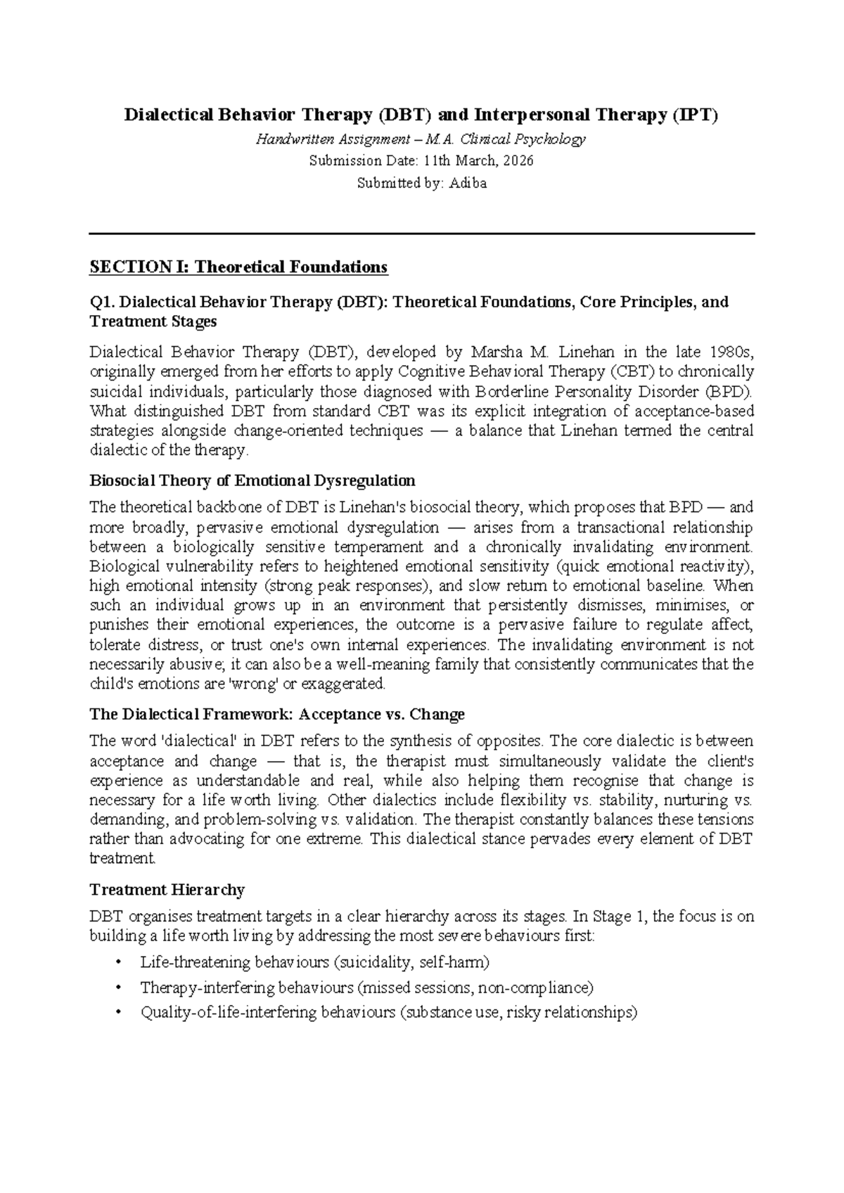DBT & IPT Theoretical Foundations: M.A. Clinical Psychology Assignment ...