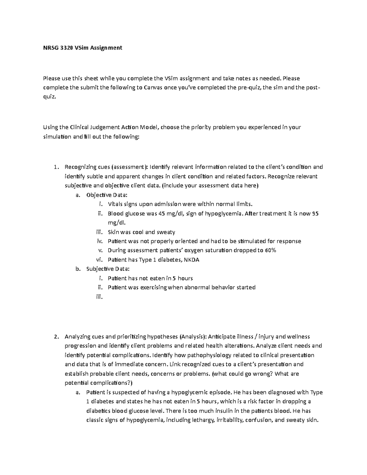 NRSG 3320 VSim Assignment Discussion Notes and Analysis - Studocu