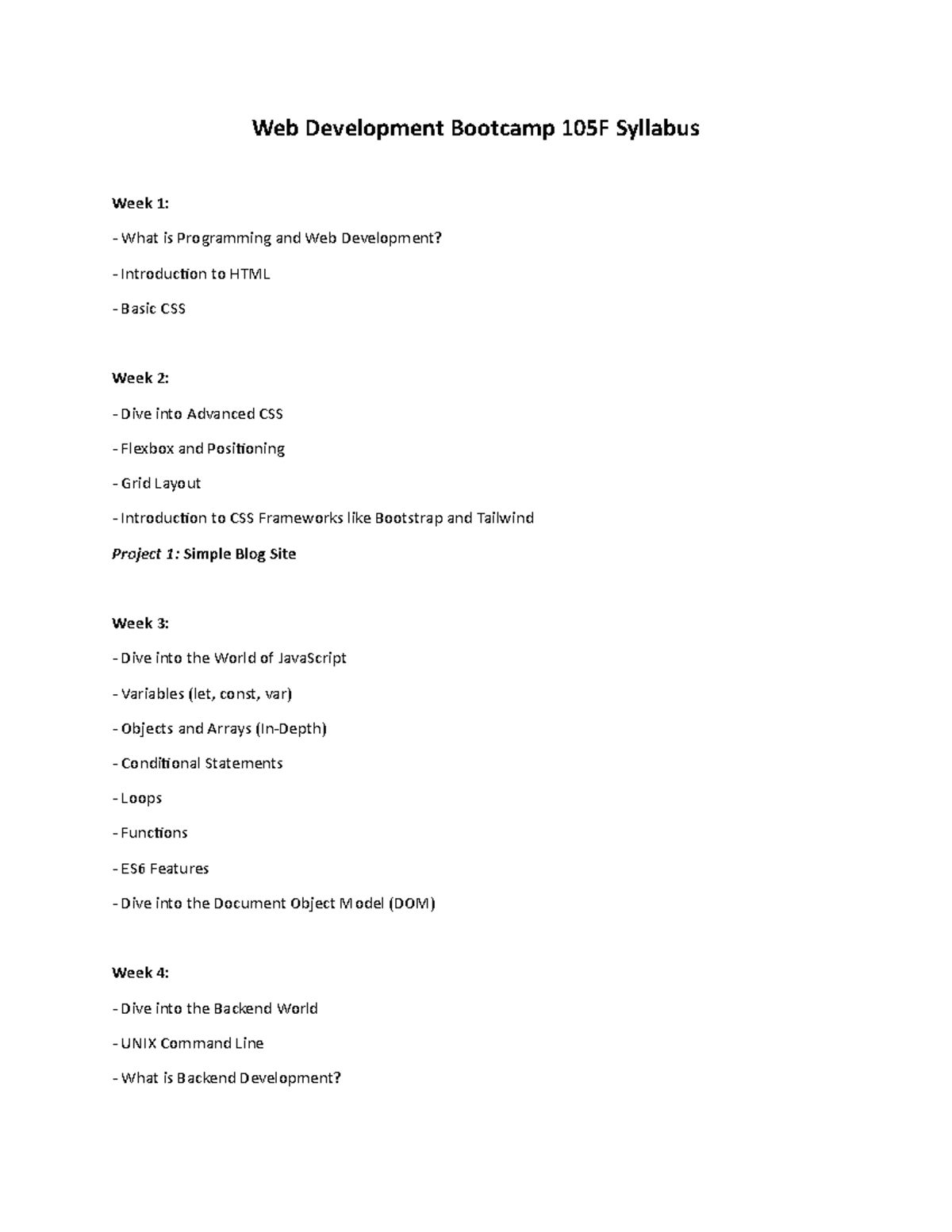 Web Development Bootcamp 105F Syllabus: Weeks 1-7 Overview - Studocu