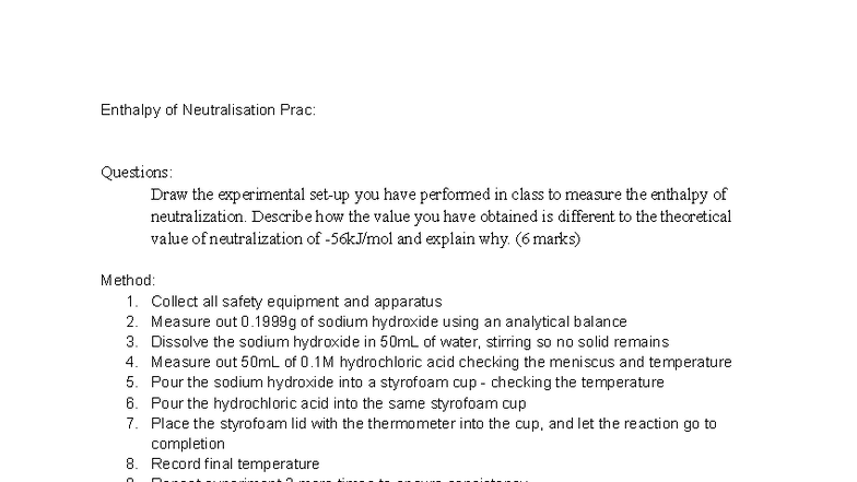 Chemistry HSC Practicals: Enthalpy of Neutralisation Experiment ...