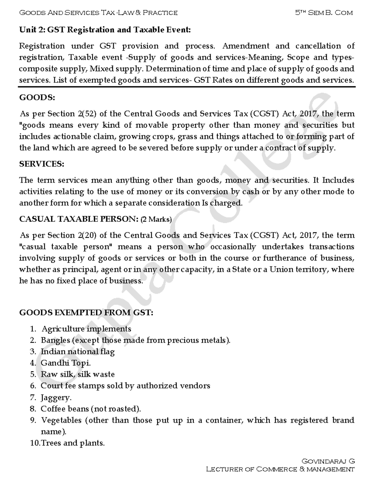 GST Registration and Taxable Events - Unit 2 B.Com Practice Notes - Studocu
