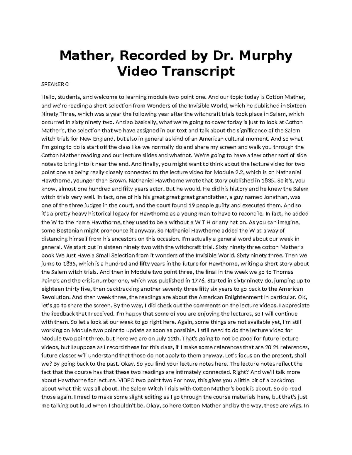 Cotton Mather and the Salem Witch Trials: Lecture Overview (Module 2.1 ...