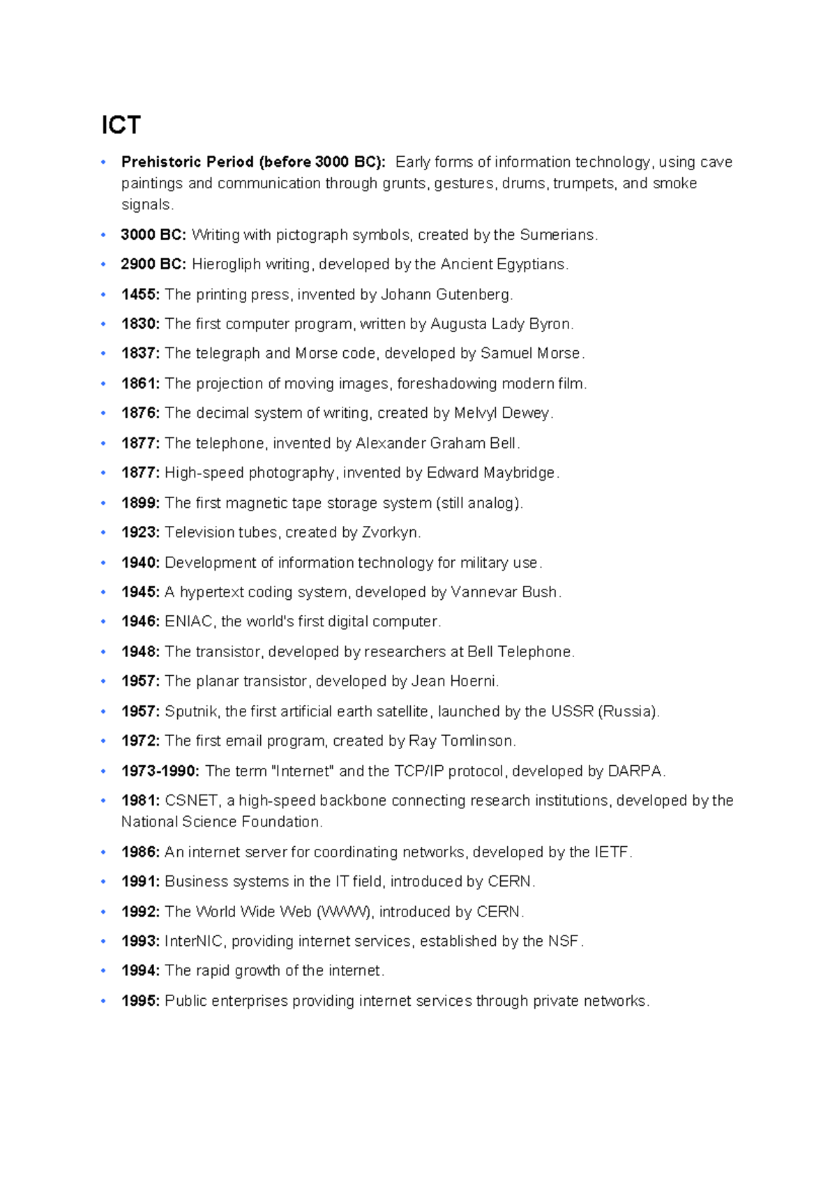 ICT Prehistoric Period: Summary of Early Information Technology - Studocu