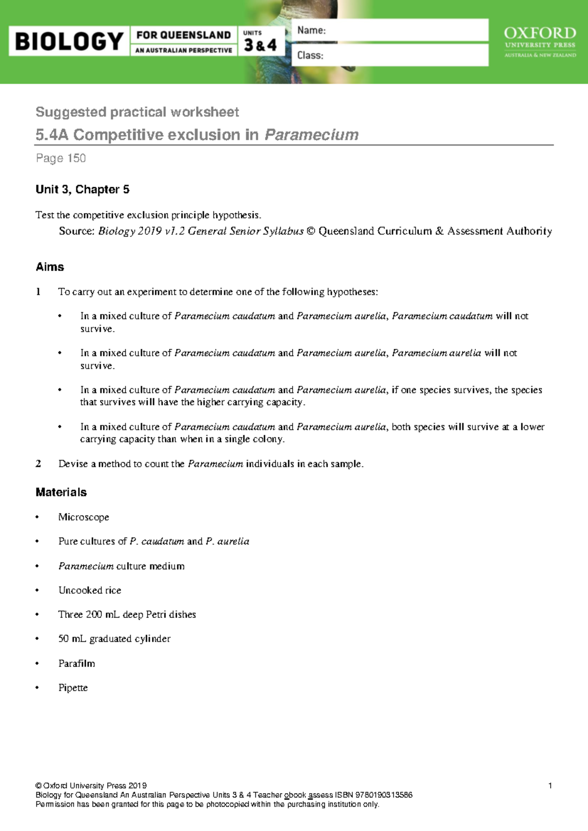 BIO3&4 5.4A Competitive Exclusion Paramecium Suggested Practical ...