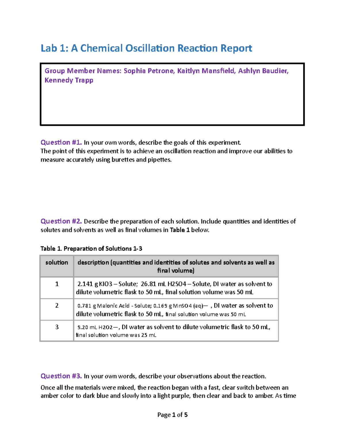 lab 1 chem oscill - Lab 1: A Chemical Oscillation Reaction Report ...