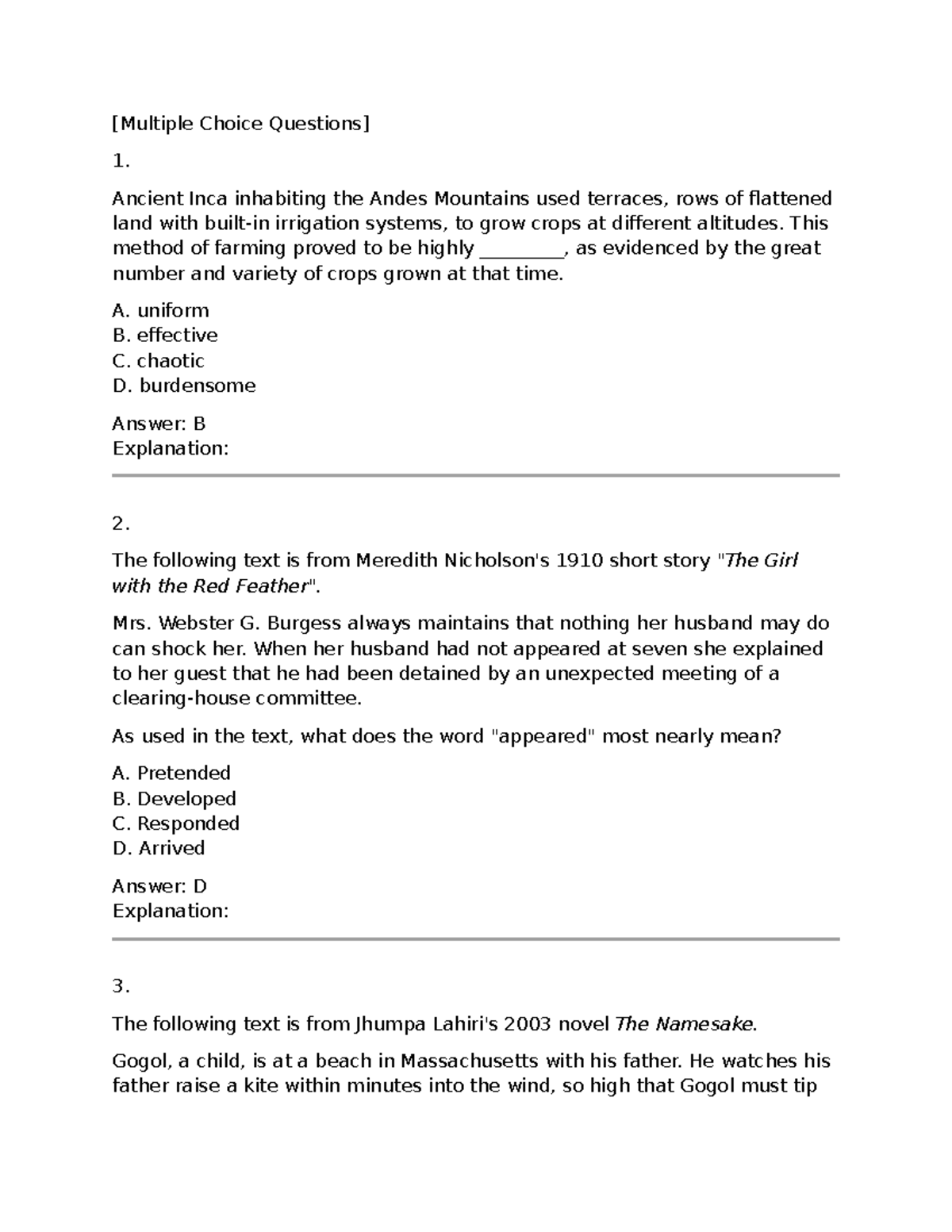 TEST 4 SAT - Verbal Section Practice Questions and Answers - Studocu