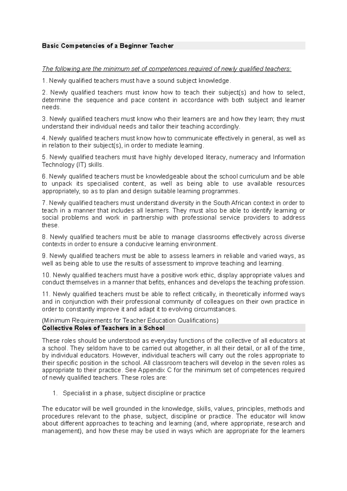 Basic Competencies for Newly Qualified Teachers: An Overview - Studocu