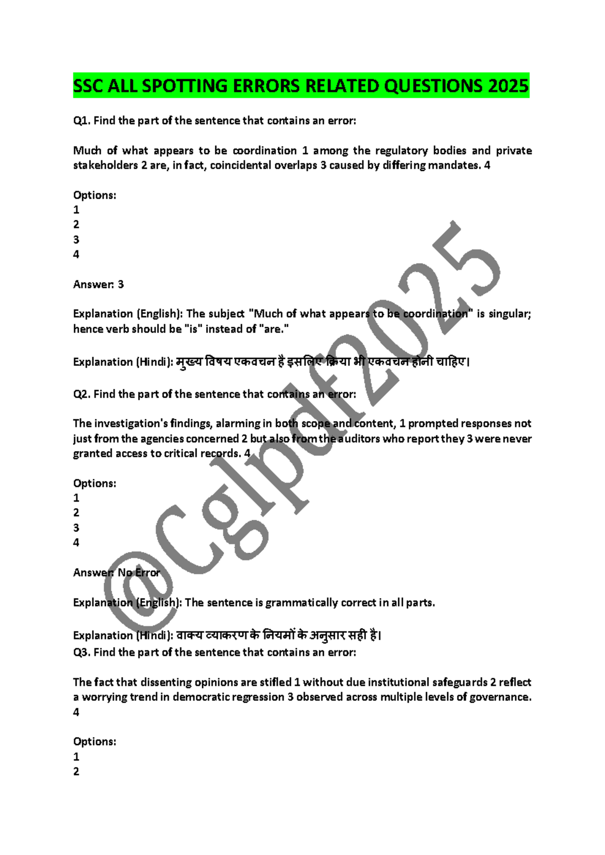CGL PRE 2025 SPOTTING ERRORS QUESTION BANK - Studocu
