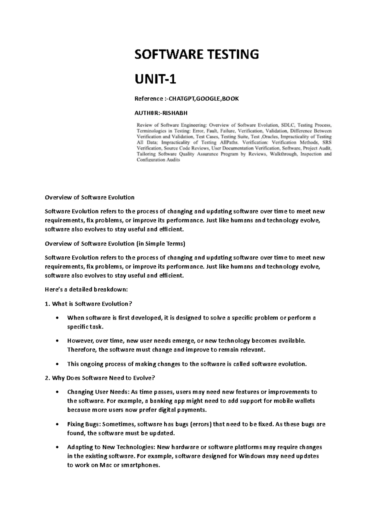 Software Testing - 1 Part- UNIT Overview of Software Evolution SDLC ...