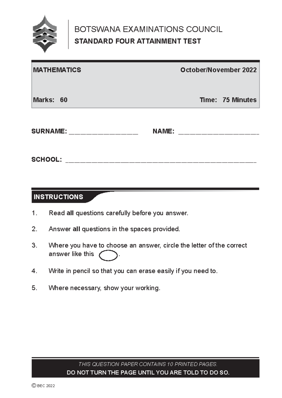 2022 STD 4 Mathematics Attainment Test - October/November - Studocu