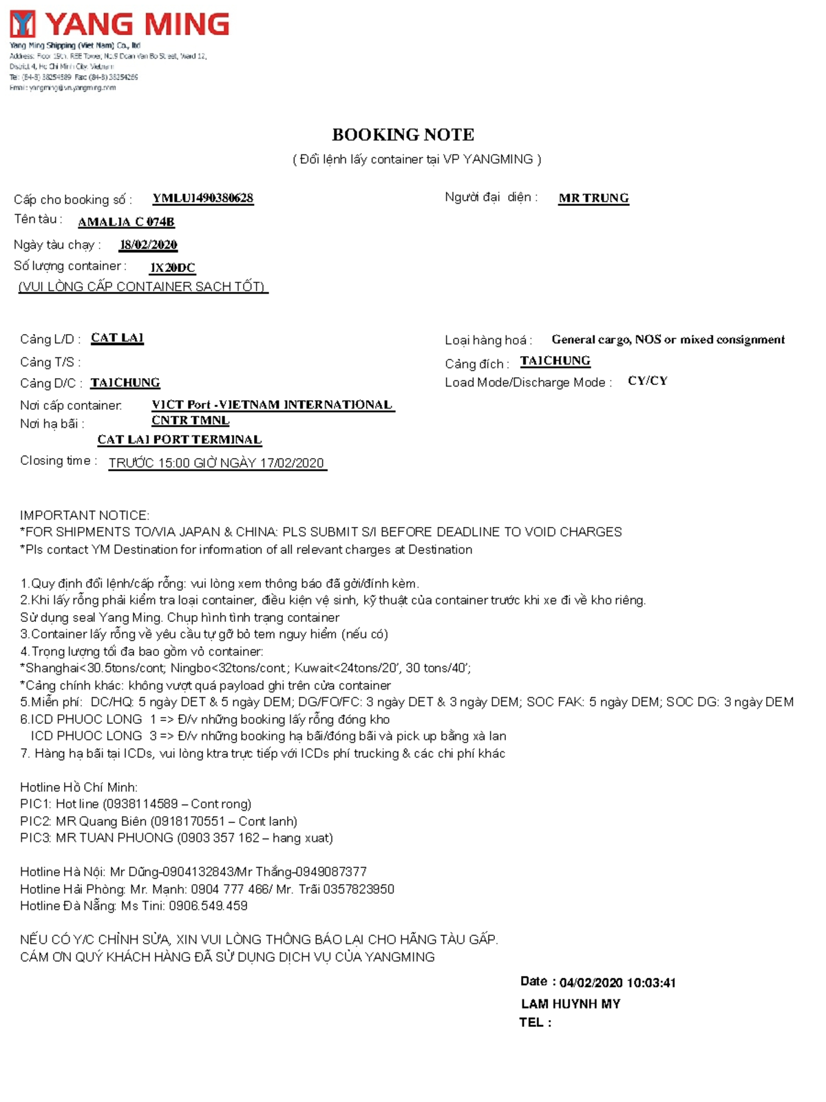 BKG - Booking Note for Container Exchange at Yang Ming VP - Studocu