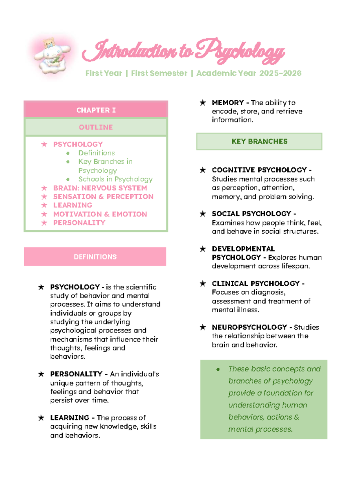 Introduction to Psychology 101: Chapter I - Memory and Key Branches ...