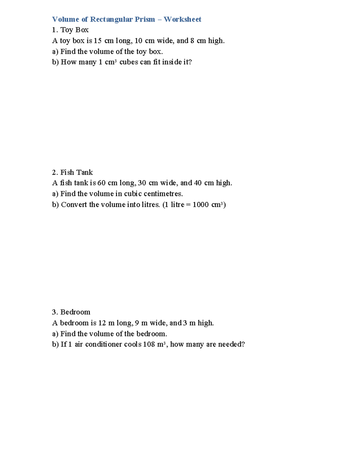 Volume of Rectangular Prism Worksheet 1: Calculations & Problems - Studocu