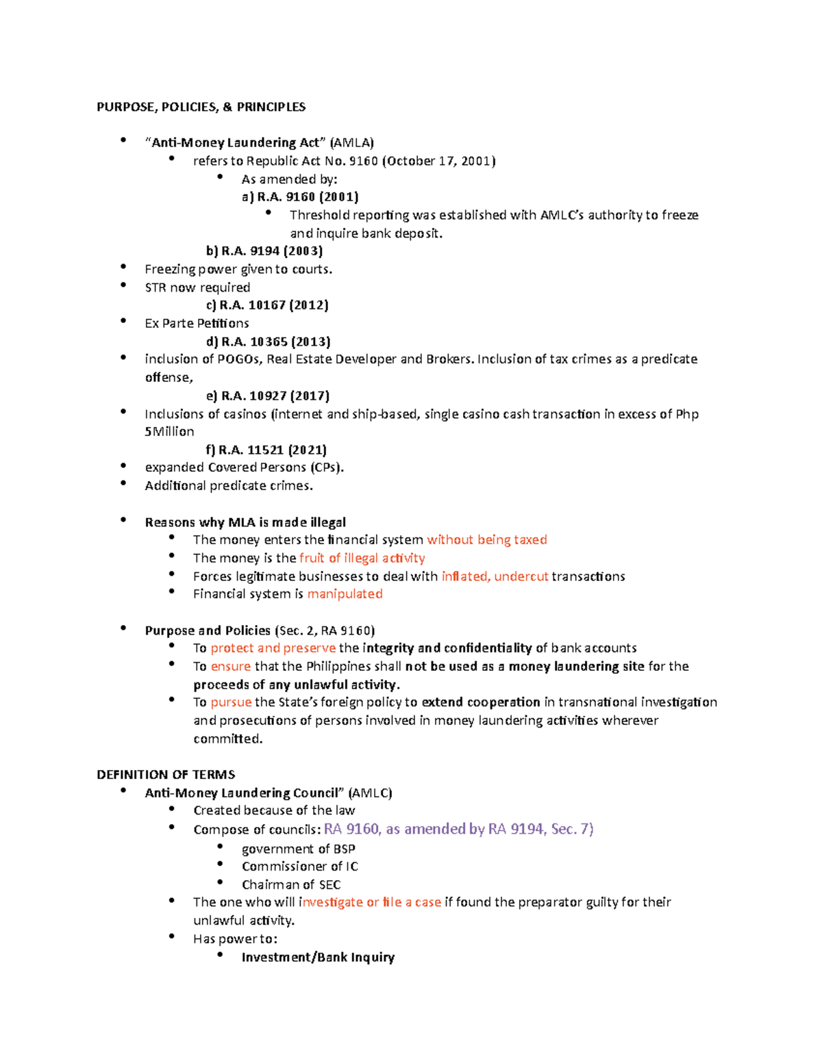 Anti-Money Laundering Act Overview and Amendments (RA 9160) - Studocu