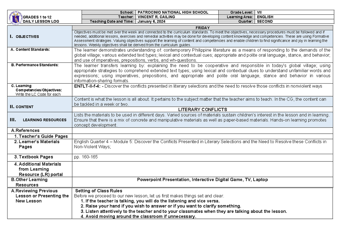 Grade 7 English - Daily Lesson Log on Literary Conflicts - Studocu
