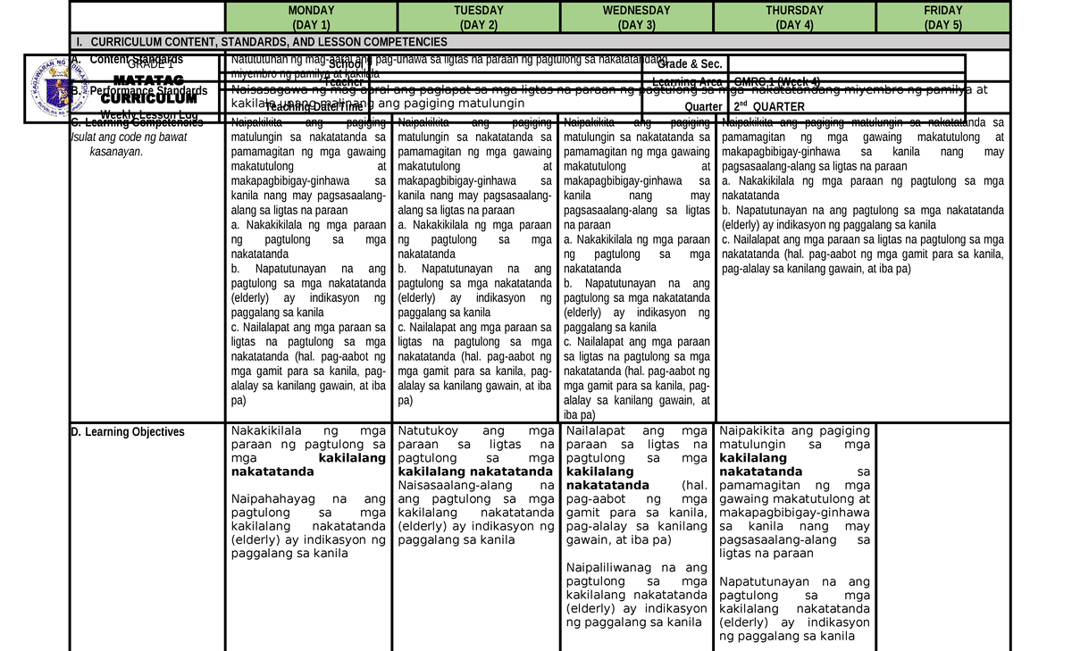 Q2G1 GMRC Week 4 Lesson Plan on Helping the Elderly - Studocu