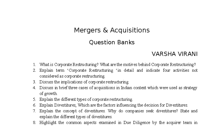 Mergers & Acquisitions Question Bank M A - Comprehensive Guide - Studocu