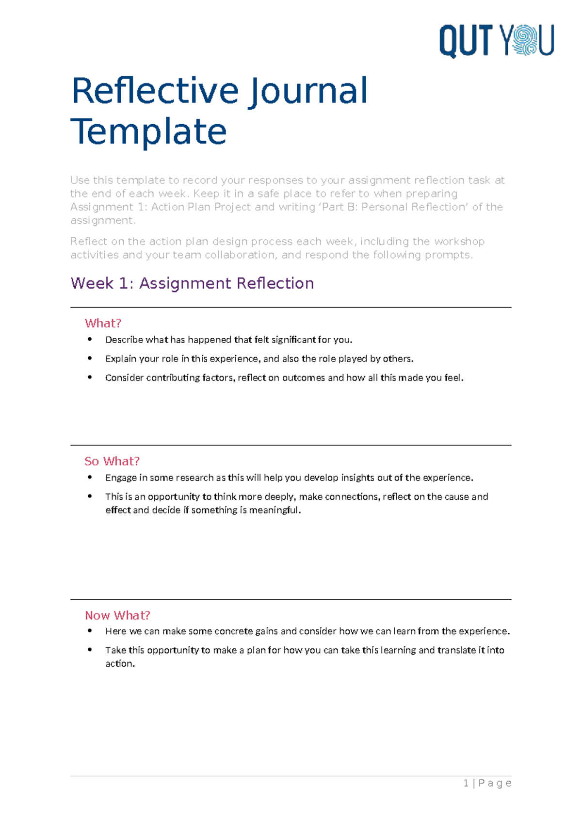 QUT003 Reflective Journal Template for Assignment Reflections - Studocu