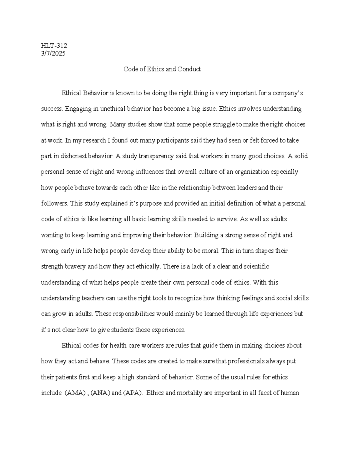 Ethics and Conduct: Understanding Personal Codes of Ethics - Studocu