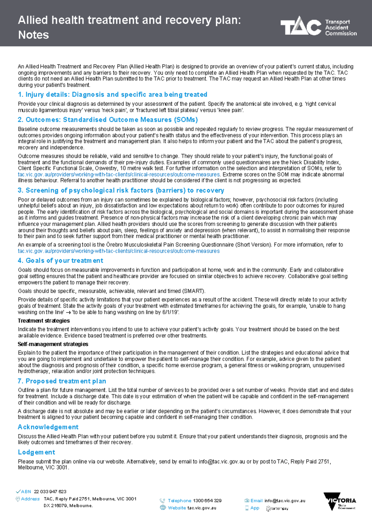Allied Health Treatment & Recovery Plan Notes: TAC Guidelines - Studocu