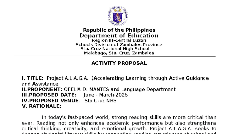 Reading Proposal SY 25-26: Project A.L.A.G.A. for Literacy Enhancement - Studocu