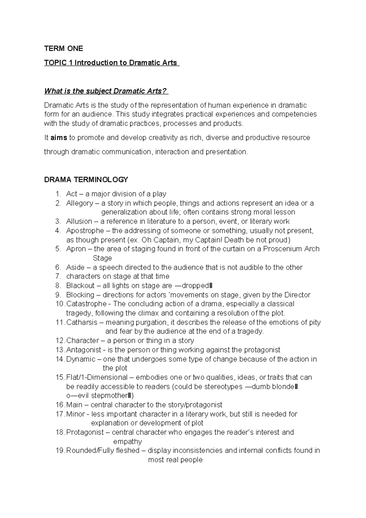 G-10 T1 Notes: Intro to Dramatic Arts & Key Terminology - Studocu